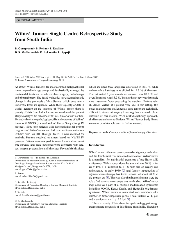 (PDF) Wilms’ Tumor: Single Centre Retrospective Study from South India