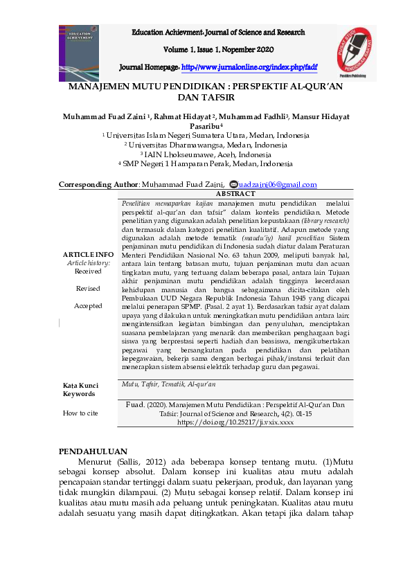 (PDF) MANAJEMEN MUTU PENDIDIKAN : PERSPEKTIF AL-QUR'AN DAN TAFSIR