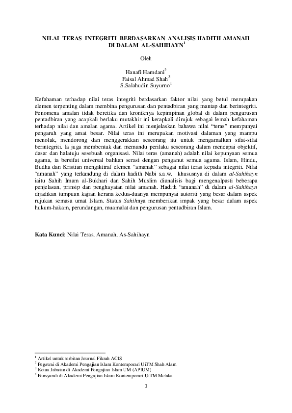 (PDF) Nilai Teras Integriti Berdasarkan Analisis Hadith Amanah DI Dalam ...