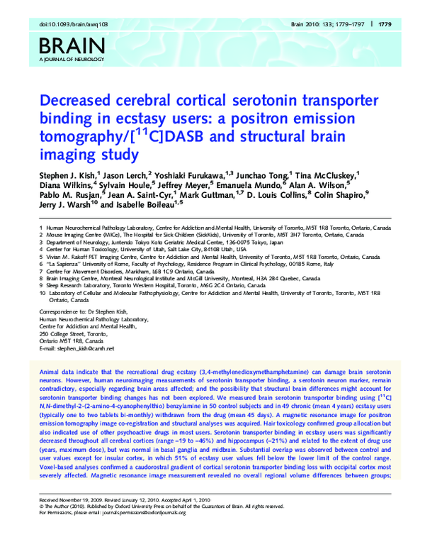(PDF) Decreased cerebral cortical serotonin transporter binding in ecstasy users: a positron ...