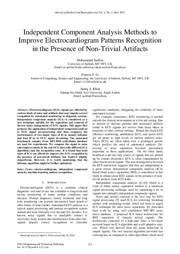 (PDF) Independent component analysis for motion artifacts removal from electrocardiogram