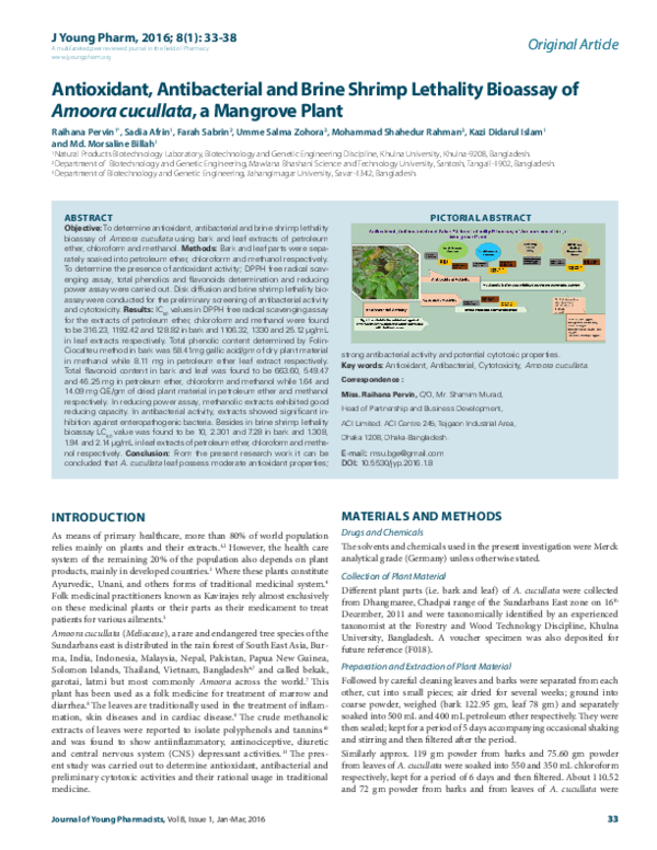 (PDF) Antioxidant, Antibacterial and Brine Shrimp Lethality Bioassay of ...