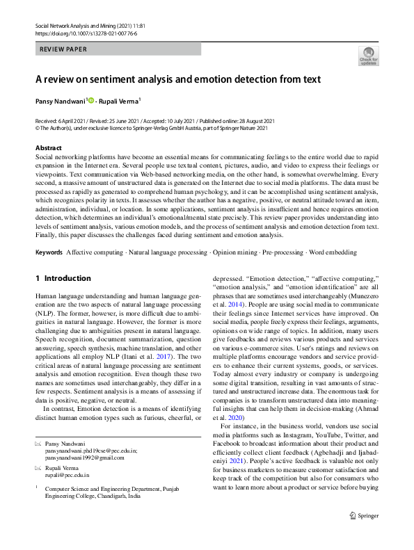 Pdf A Review On Sentiment Analysis And Emotion Detection From Text
