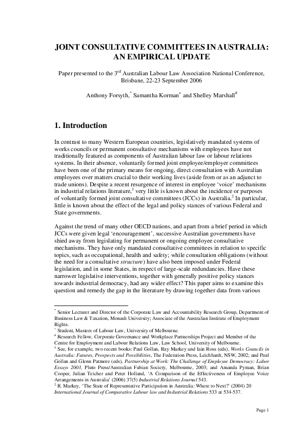 (PDF) Joint consultative committees in Australia: An empirical update