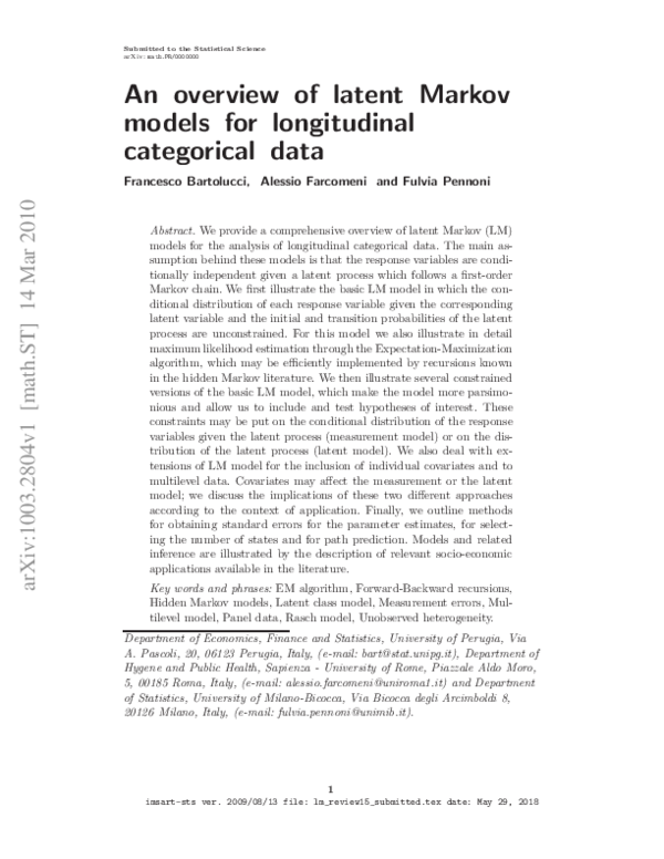 Pdf An Overview Of Latent Markov Models For Longitudinal Categorical Data