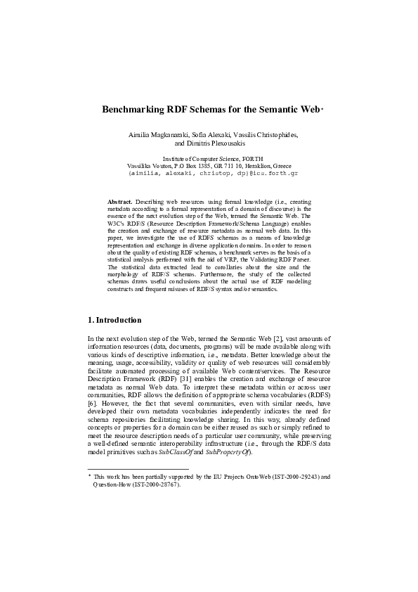 (PDF) Benchmarking Rdf Schemas for the Semantic Web | Vassilis Christophides - Academia.edu