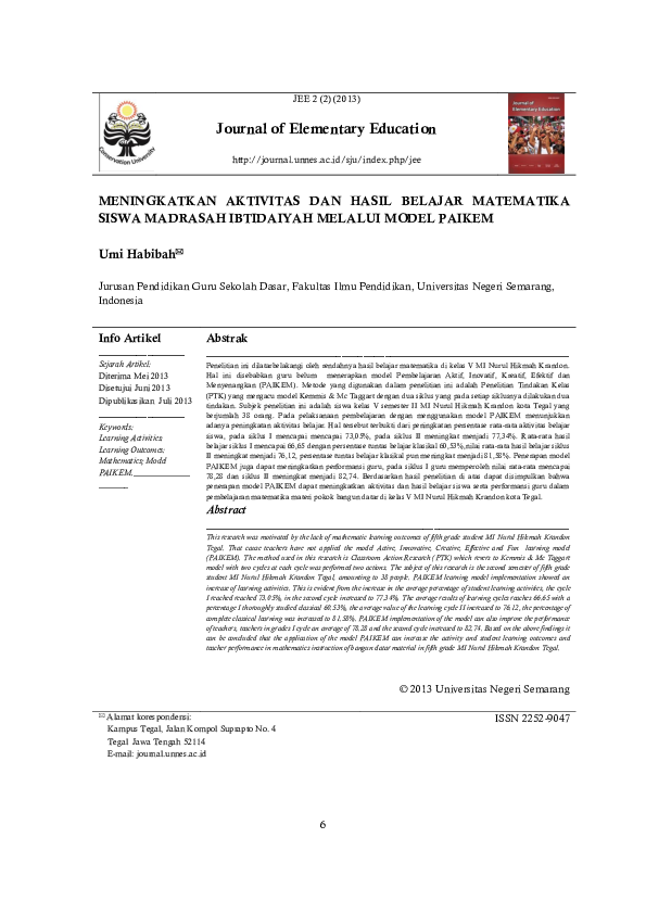 (PDF) Meningkatkan Aktivitas Dan Hasil Belajar Matematika Siswa Madrasah Ibtidaiyah Melalui ...