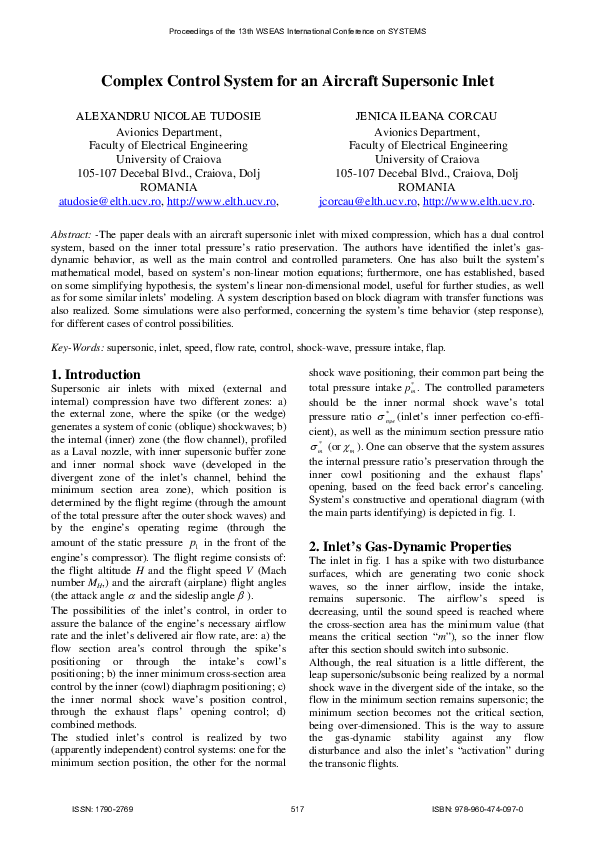 (PDF) Complex control system for an aircraft supersonic inlet