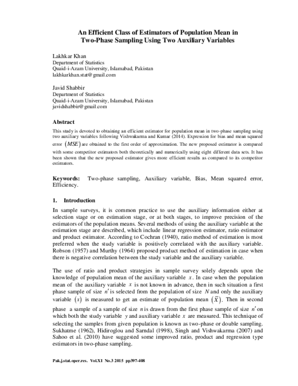 (PDF) An Ecient Class of Estimators of Population Mean in Two-Phase Sampling Using Two Auxiliary ...