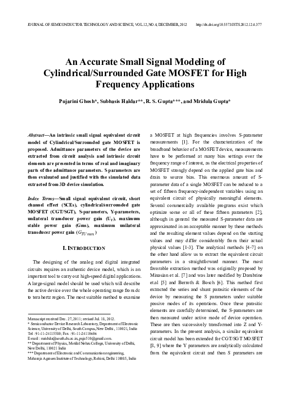 (PDF) An Accurate Small Signal Modeling of Cylindrical/Surrounded Gate ...