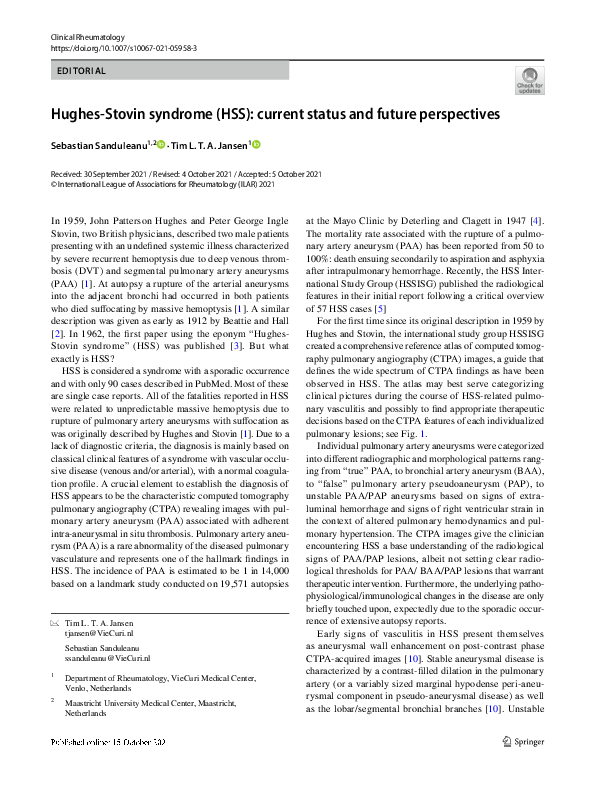 (PDF) Hughes-Stovin syndrome (HSS): current status and future perspectives