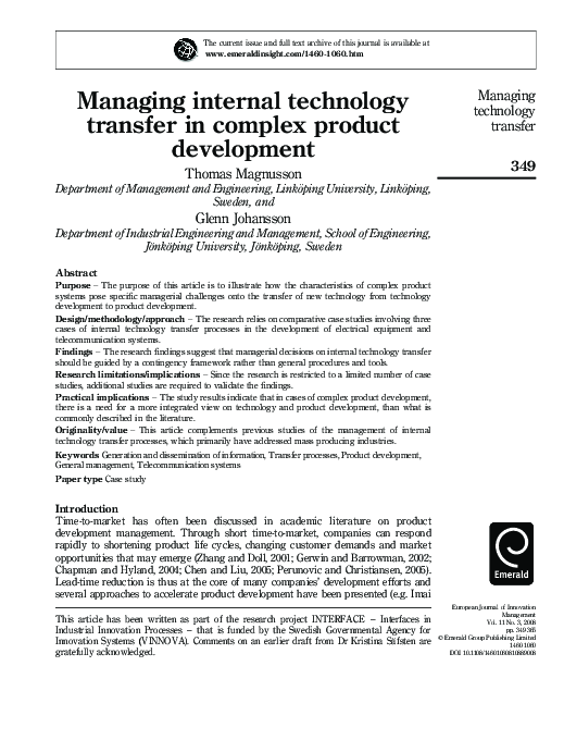 (PDF) Managing internal technology transfer in complex product development