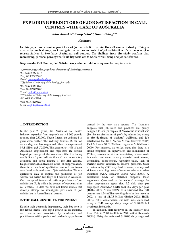 (PDF) Predictors of Job Satisfaction in Australian Call Centres