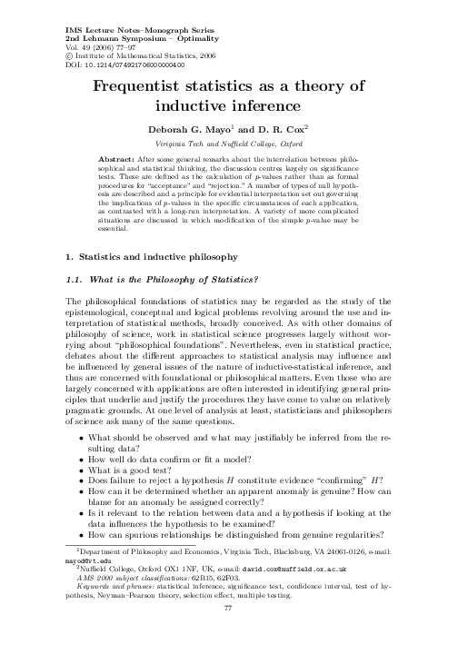 (PDF) Frequentist statistics as a theory of inductive inference