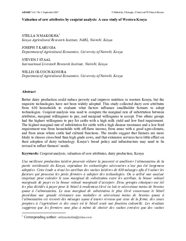 (PDF) Valuation of Cow Attributes by Conjoint Analysis: A Case Study in ...