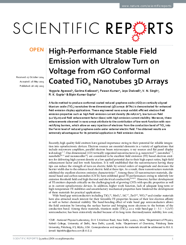 (PDF) High-Performance Stable Field Emission with Ultralow Turn on ...