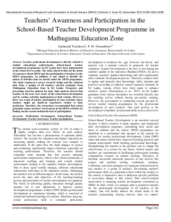 (PDF) Teachers' Awareness and Participation in the School-Based Teacher Development Programme in ...