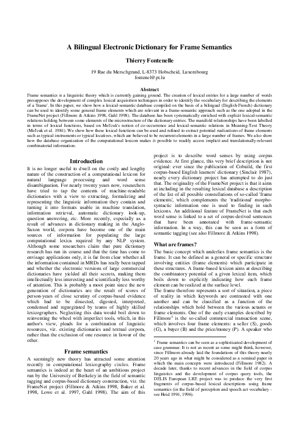 (PDF) A Bilingual Electronic Dictionary for Frame Semantics