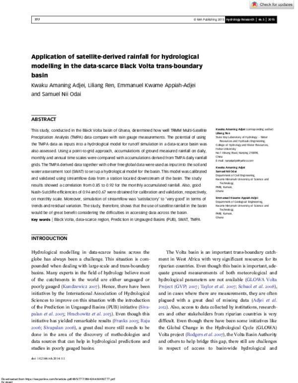 Application Of Satellite Derived Rainfall For Hydrological Modelling In