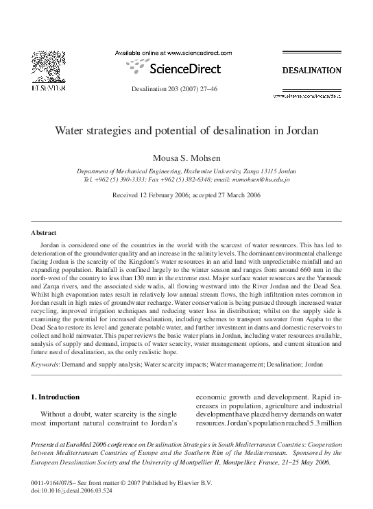 (PDF) Water strategies and potential of desalination in Jordan