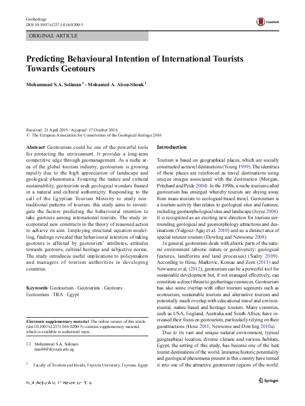 (PDF) Predicting Behavioural Intention of International Tourists Towards Geotours