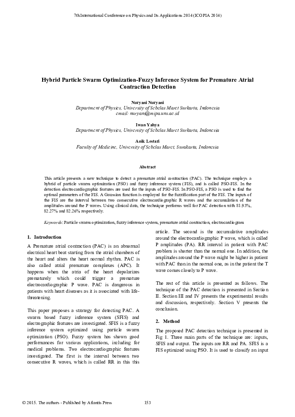 Pdf Hybrid Particle Swarm Optimization Fuzzy Inference System For Premature Atrial Contraction