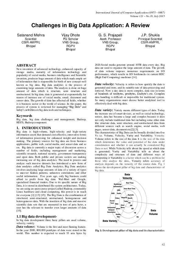 (PDF) Challenges in Big Data Application: A Review