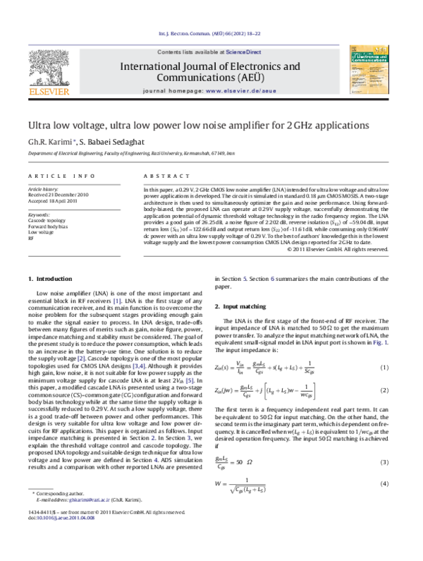 (PDF) Ultra low voltage, ultra low power low noise amplifier for 2GHz applications