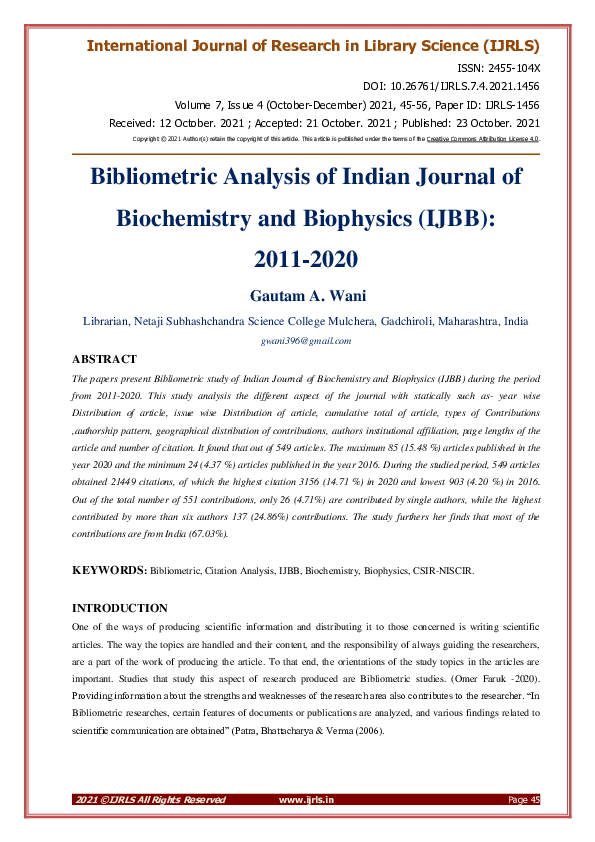 (PDF) Bibliometric Analysis of Indian Journal of Biochemistry and ...