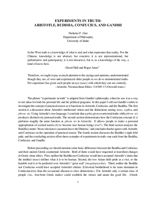 (PDF) Experiments in Truth: Aristotle, Buddha, Confucius, and Gandhi
