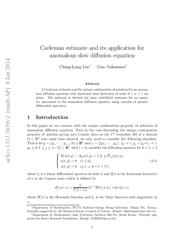 (PDF) Carleman estimate and its application for anomalous slow diffusion equation