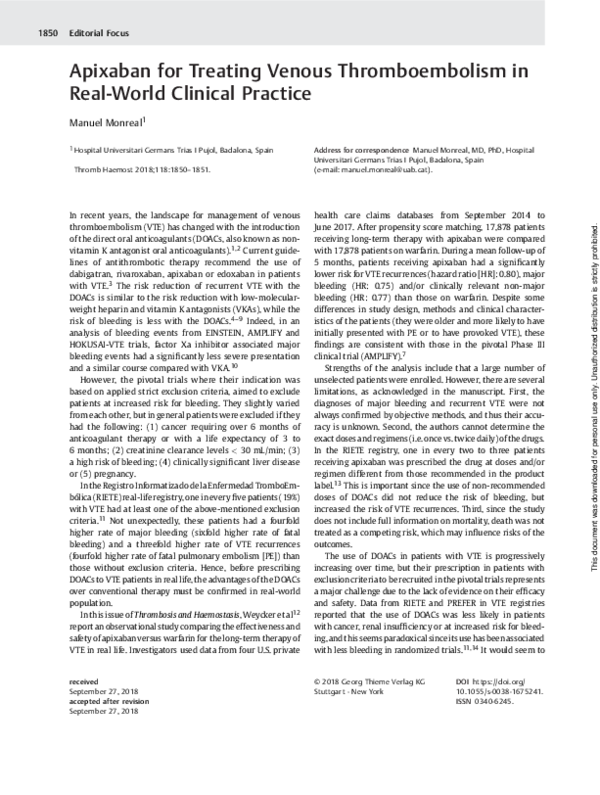(PDF) Apixaban for Treating Venous Thromboembolism in Real-World ...
