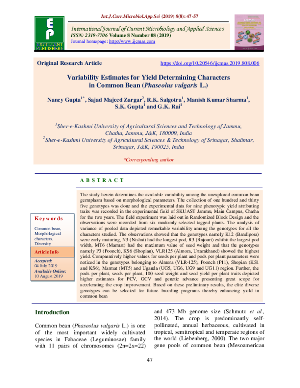 Pdf Variability Estimates For Yield Determining Characters In Common