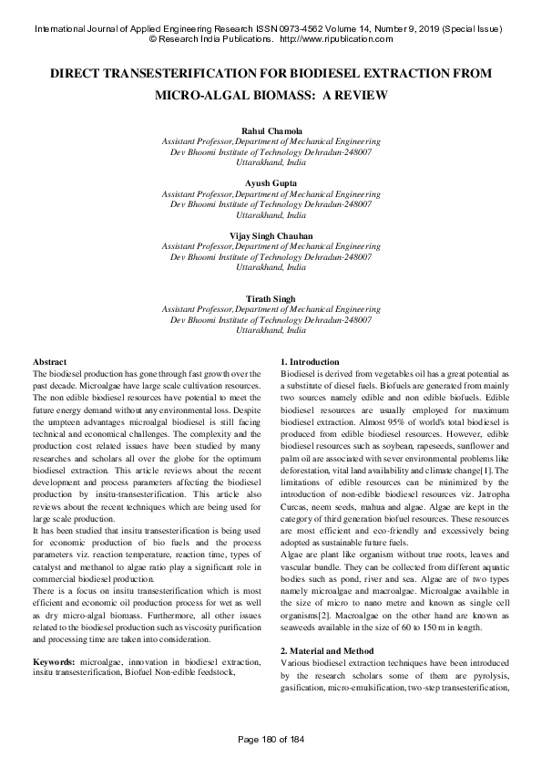 (PDF) Direct Transesterification for Biodiesel Extraction from Micro-Algal Biomass: A Review