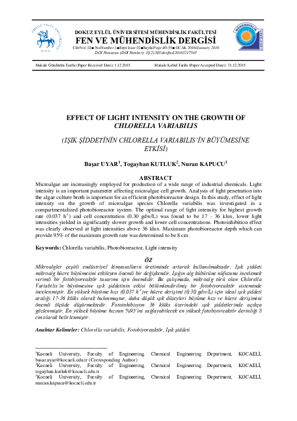 (PDF) Effect of Light Intensity on the Growth of Chlorella Variabilis