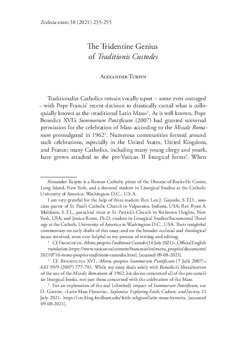 (PDF) Alexander Turpin, The Tridentine Genius of "Traditionis Custodes ...