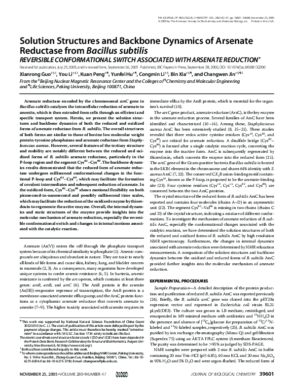 (PDF) Solution Structures and Backbone Dynamics of Arsenate Reductase ...