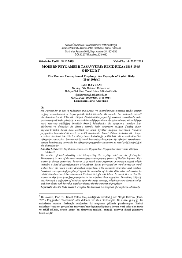 (PDF) The Modern Conception of Prophecy: An Example of Rashid Rida ...