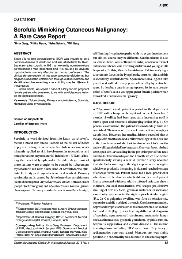 (PDF) Scrofula Mimicking Cutaneous Malignancy: A Rare Case Report