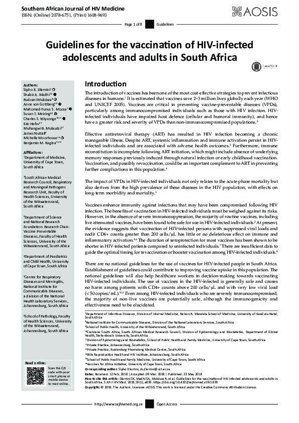 (PDF) Guidelines for the vaccination of HIV-infected adolescents and ...