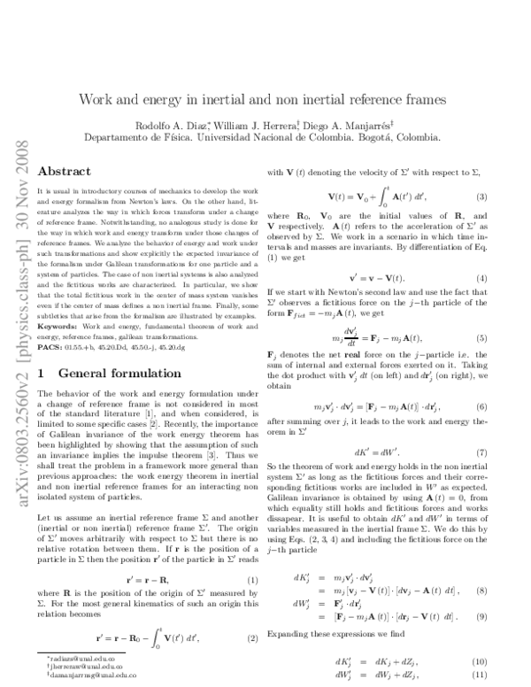 Pdf Work And Energy In Inertial And Noninertial Reference Frames