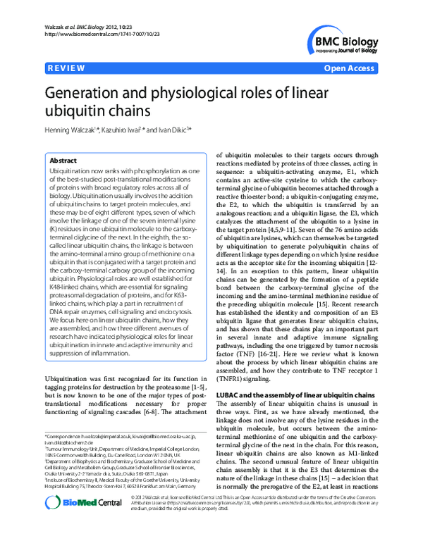 (PDF) Generation and physiological roles of linear ubiquitin chains