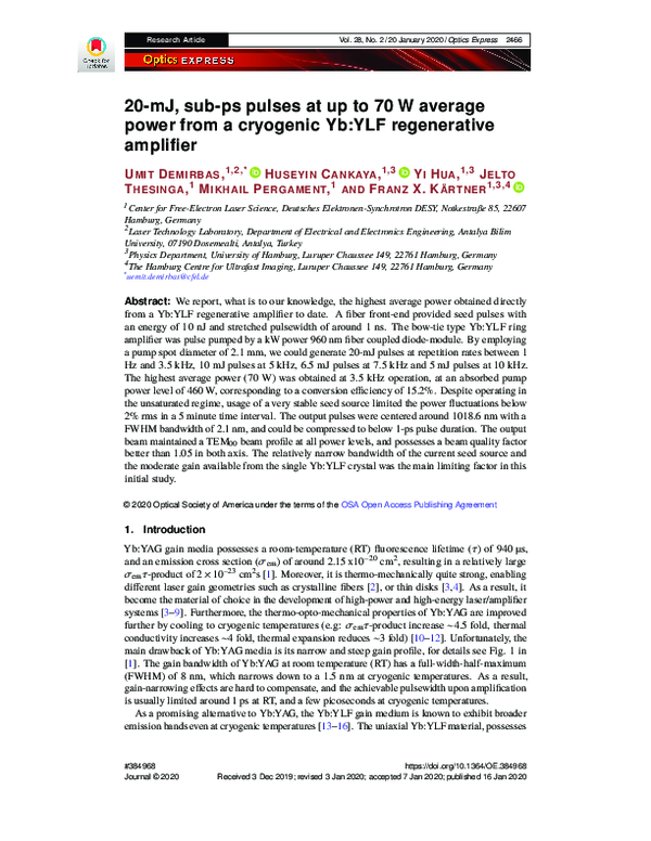 (PDF) 20-mJ, sub-ps pulses at up to 70 W average power from a cryogenic ...