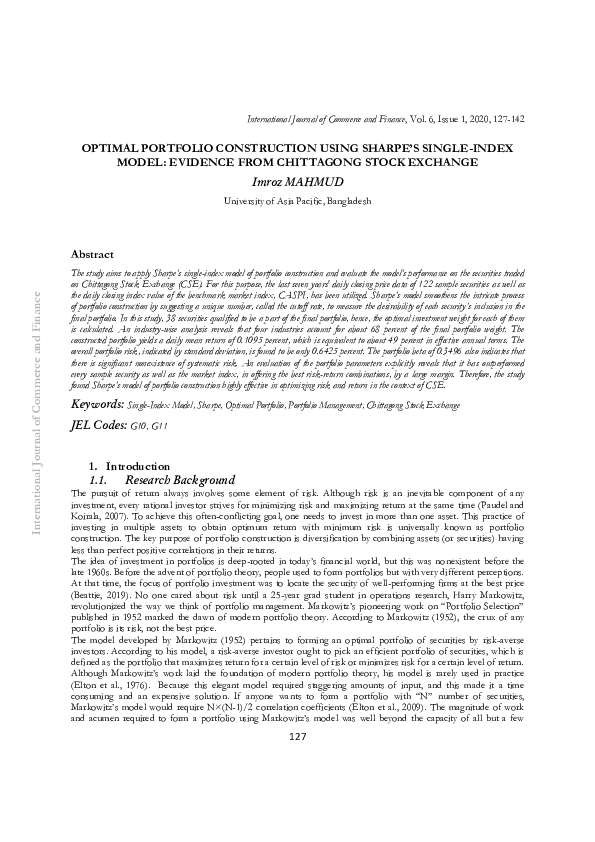 (PDF) Optimal Portfolio Construction Using Sharpe’s Single Index Model ...