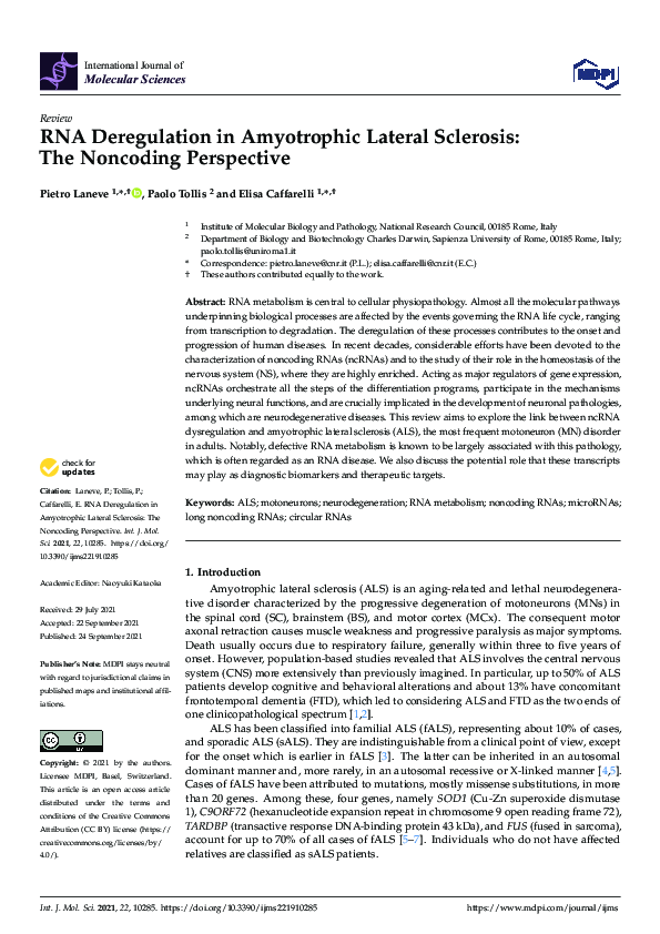 (PDF) RNA Deregulation in Amyotrophic Lateral Sclerosis: The Noncoding ...