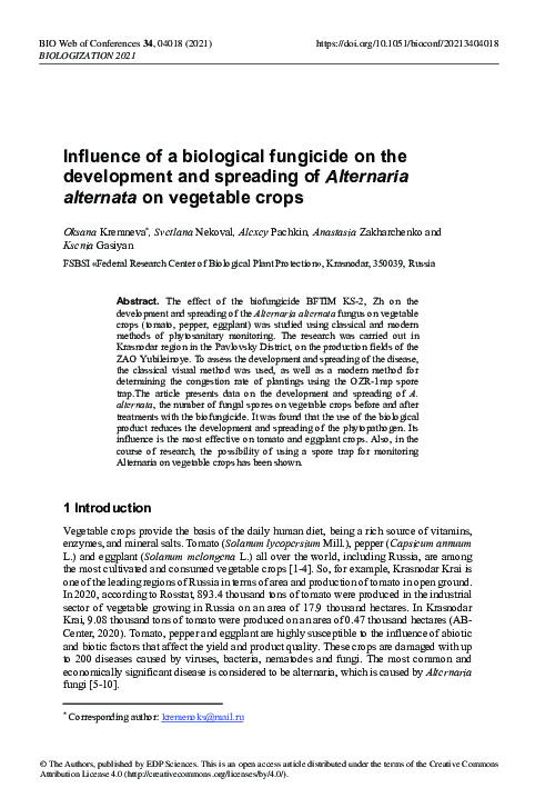 (PDF) Influence of a biological fungicide on the development and spreading of Alternaria ...