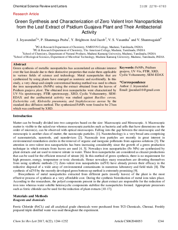 (PDF) Green Synthesis and Characterization of Zero Valent Iron Nanoparticles from the Leaf ...
