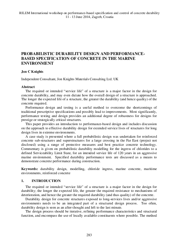 (PDF) Probabilistic Durability Design and Performance-Based Specification of Concrete in the ...