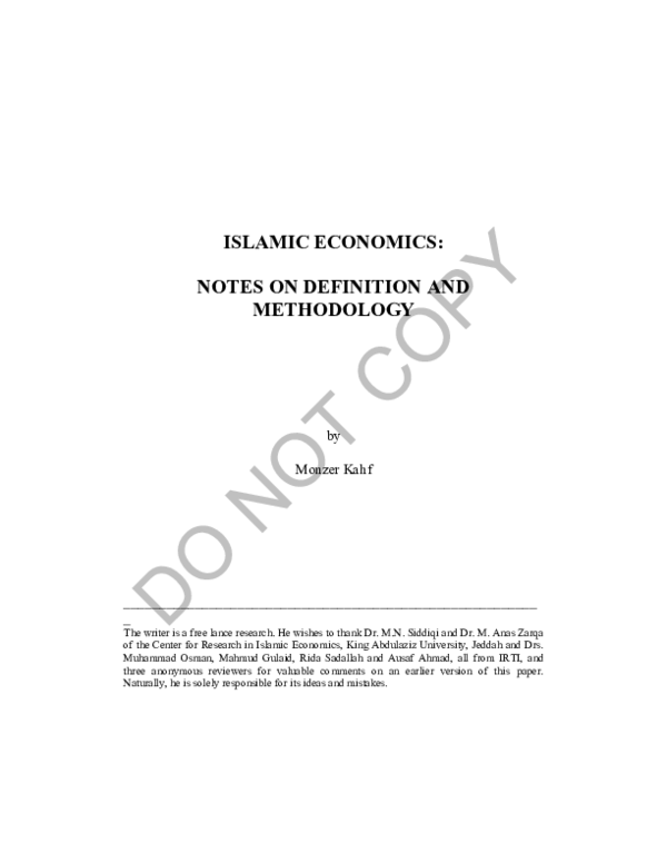 (PDF) Islamic Economics: Notes on Definition and Methodology | Monzer ...
