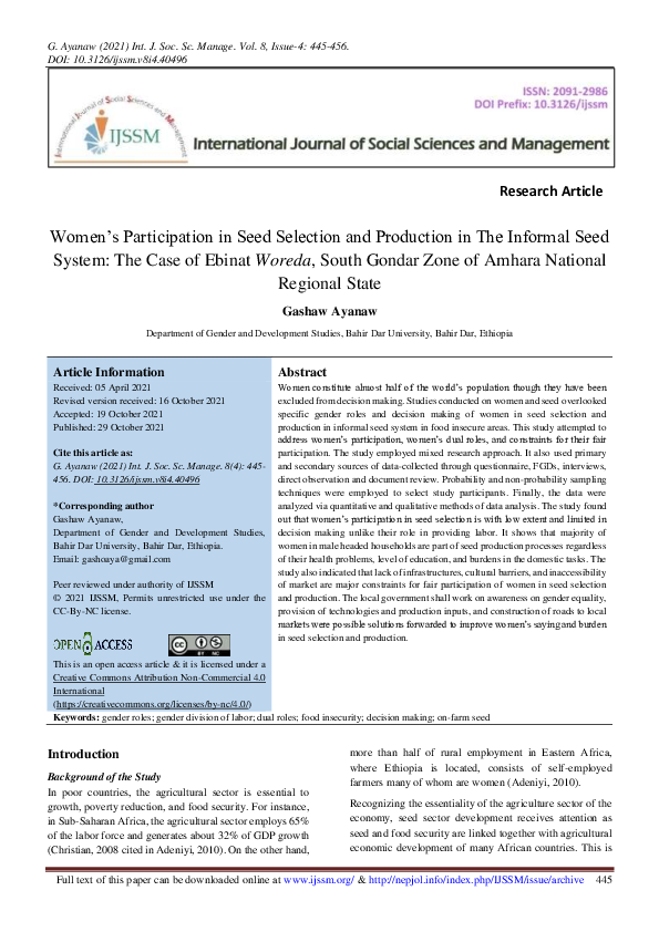 (PDF) Women’s Participation in Seed Selection and Production in The ...